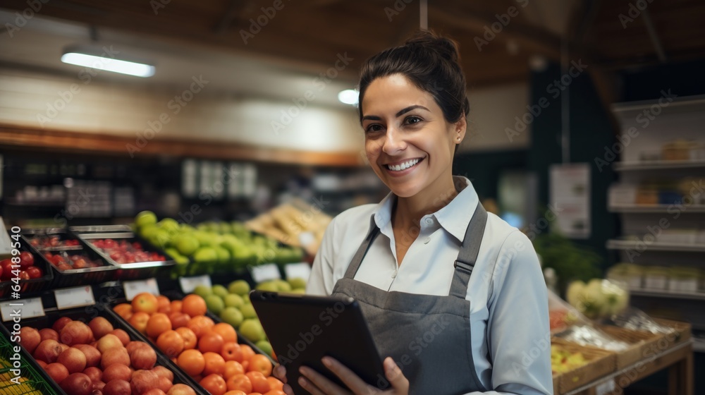 Cheerful female store owner using a digital tablet in her grocery ...
