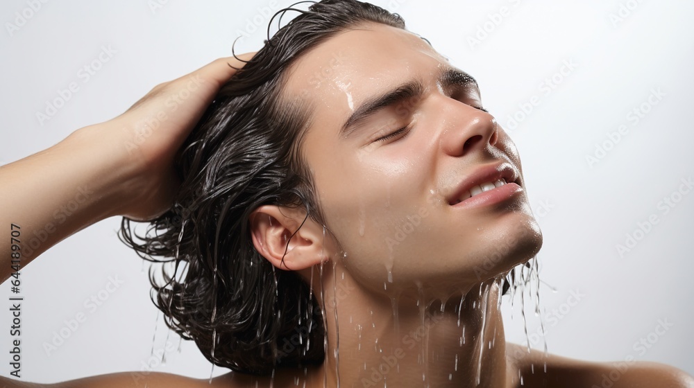Handsome young man massaging his scalp as he applies shampoo to his wet ...