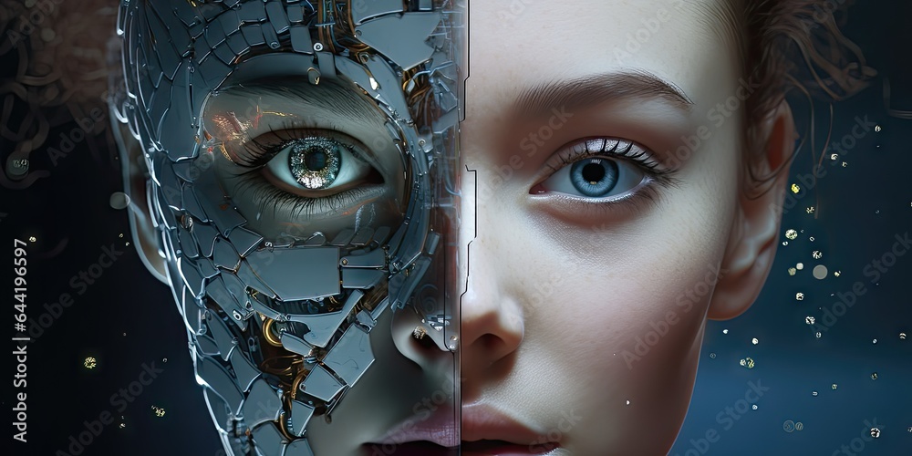 artificial intelligence deepfake AI image of a woman mixed with robotic tech elements Stock ...