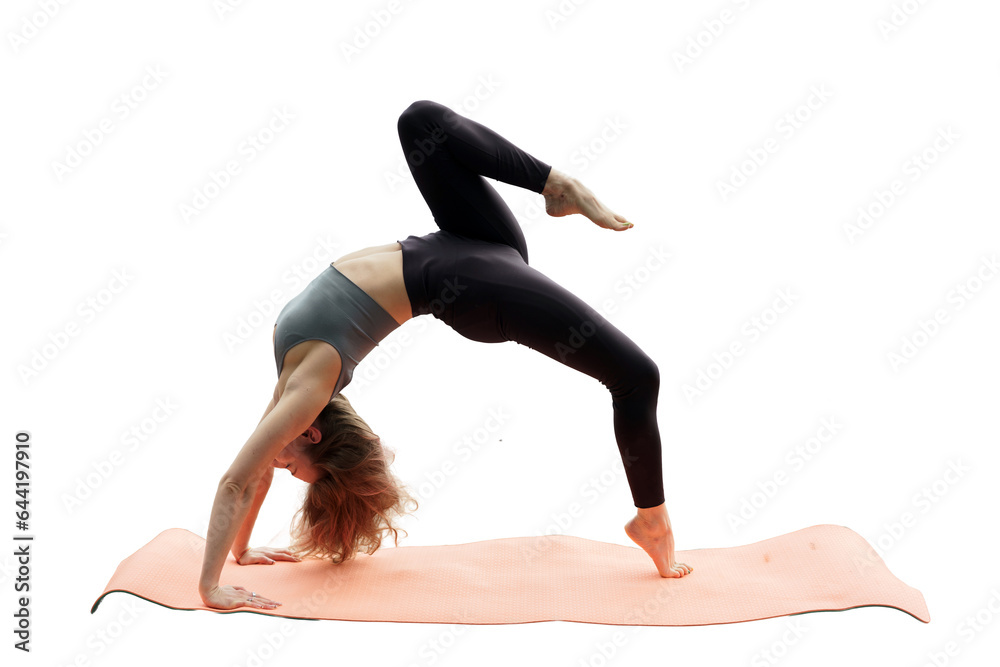 Flexible woman yoga workout, exercises asana pose bridge uses mat ...