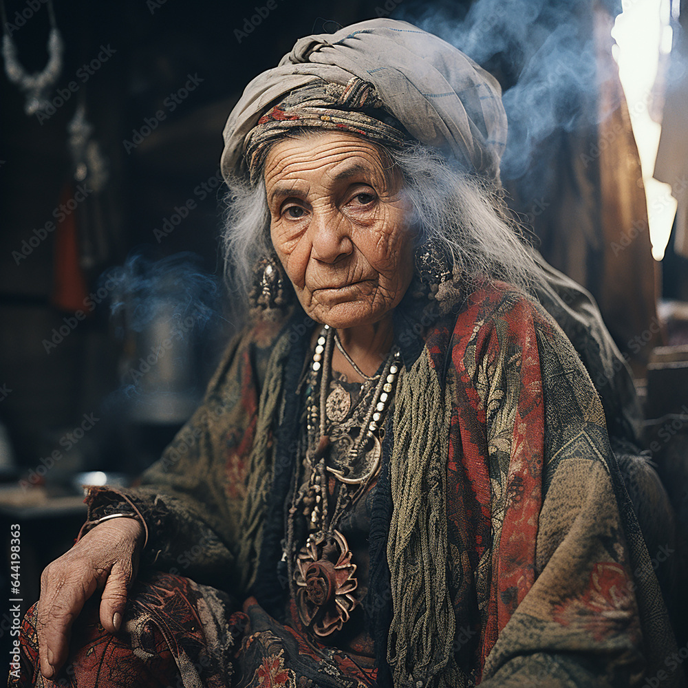 Very elderly woman in bright ancient clothes in headscarf with jewelry ...