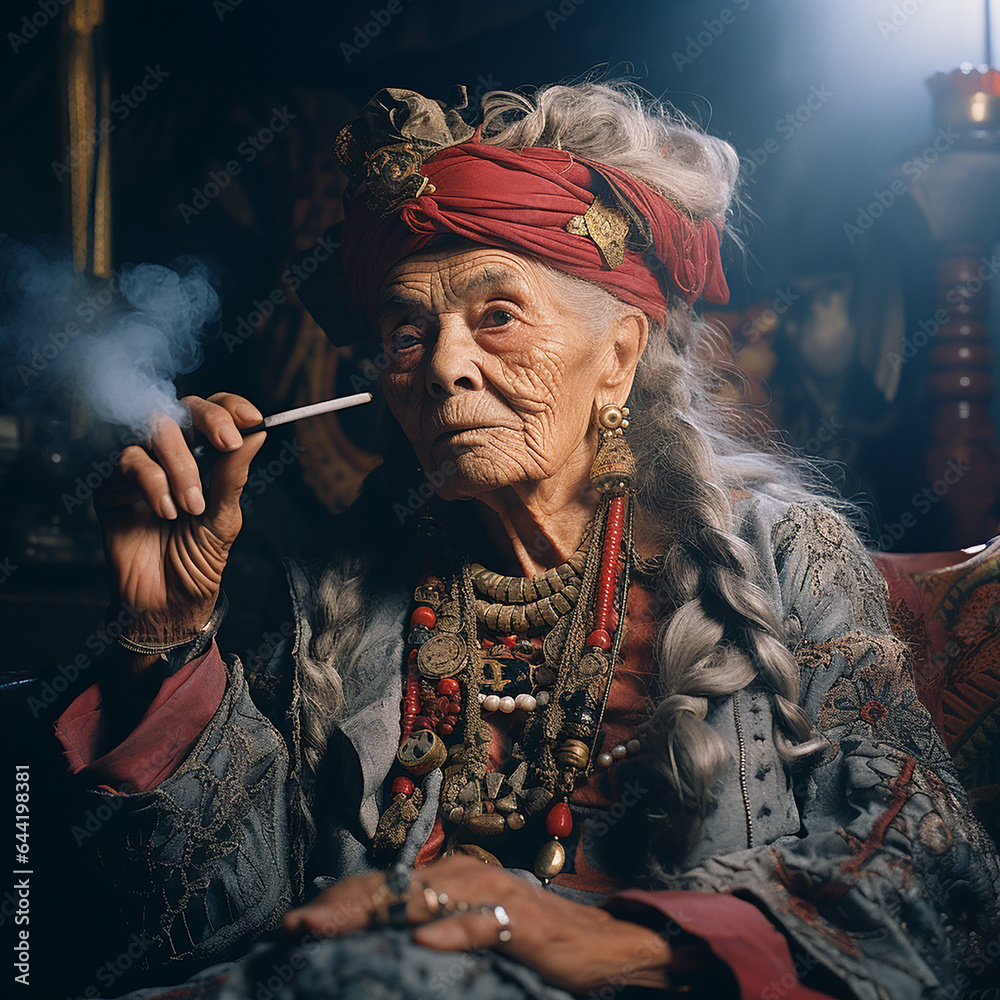 Very elderly woman in bright ancient clothes in headscarf with jewelry ...