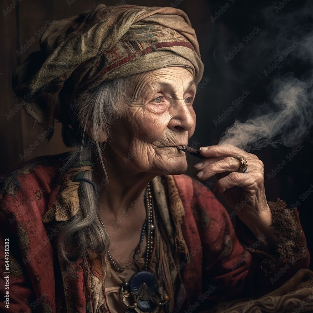 Very elderly woman in bright ancient clothes in headscarf with jewelry ...
