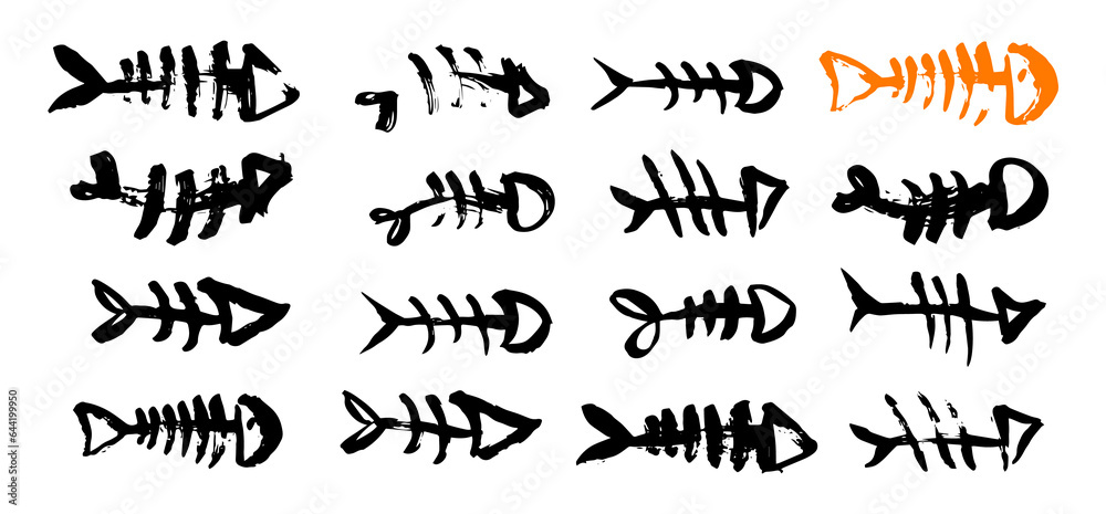 Fish bone skeletons set, hand painted with ink brush stroke. Png ...