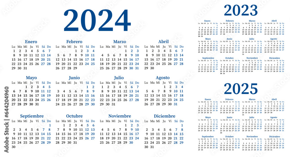 Spanish calendar for 2023,2024,2025. Week starts on Monday Stock Vector ...