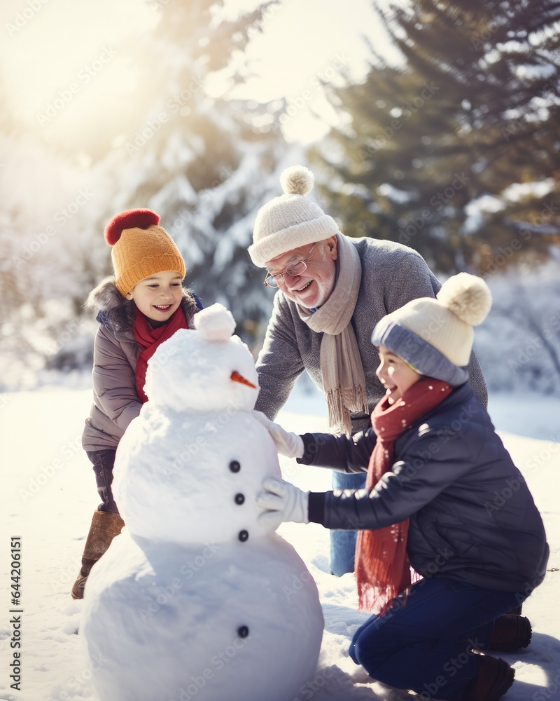 2 younger sisters in snow landscape building a snowman together in the ...