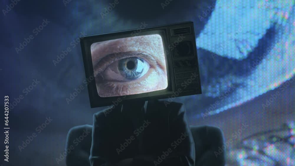 Scary observing person in a suit and a television head, single eye ...