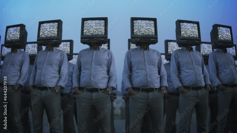 Brainwashed. Surreal crowd of tv head people standing in line. Media ...