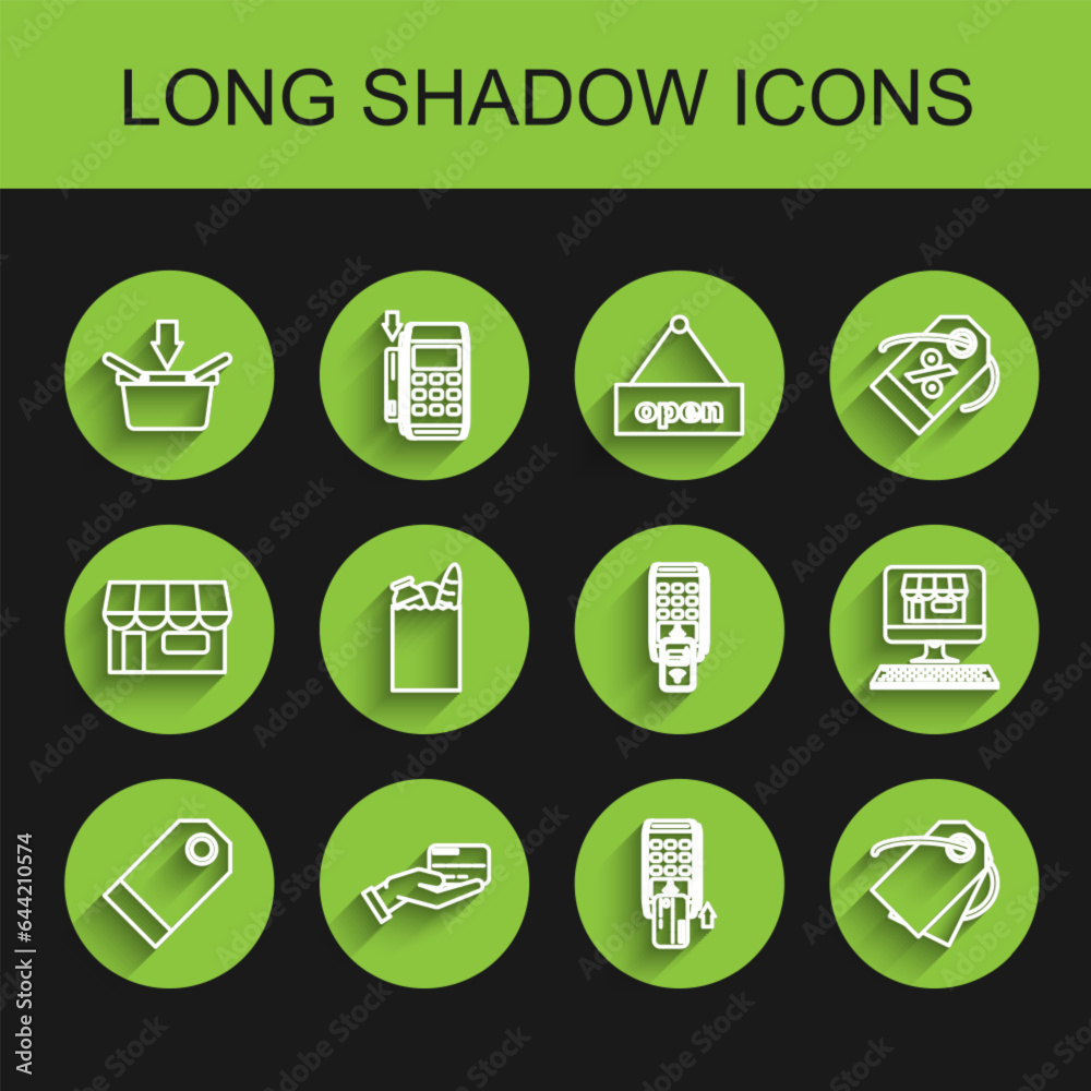 Set line Blank label template price tag, Pos terminal inserted, Paper ...