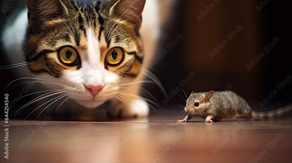 the suspenseful moment of a cat stalking a mouse. The scene epitomizes ...