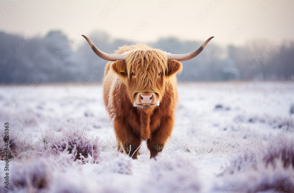 Fluffy cows on Snow covered Field, Brown Highland Cow In A Field. Cow ...