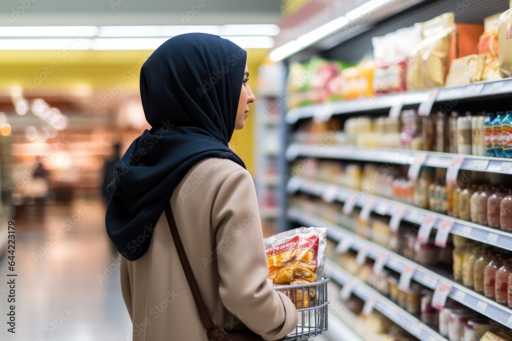 Attractive middle Eastern young woman wearing a hijab shopping at a ...
