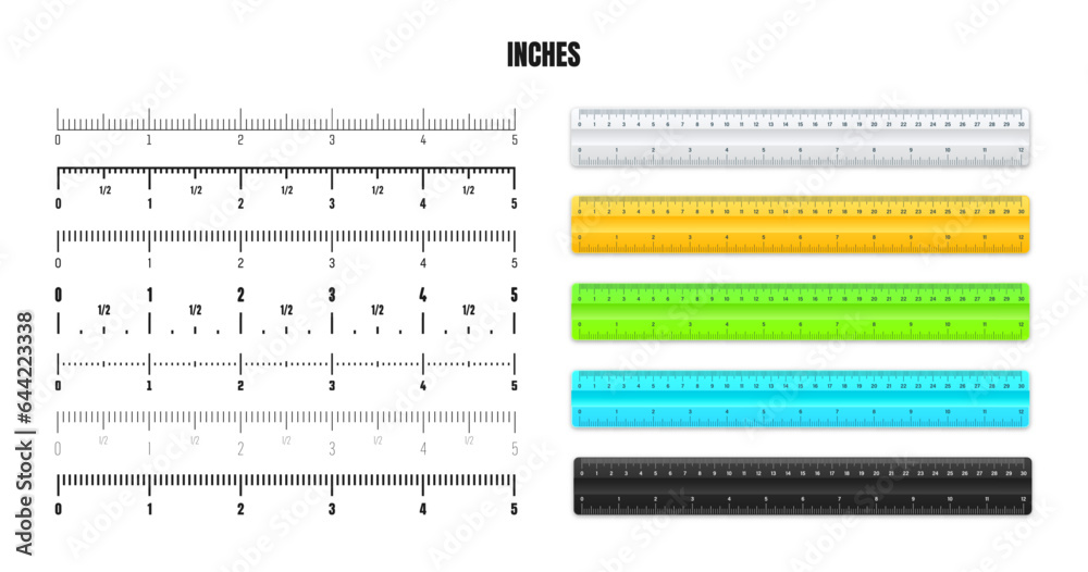 Realistic plastic rulers with black inch scale for measuring length or ...