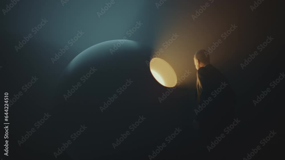 Mysterious man standing in front of a mysterious sphere. Glowing secret ...