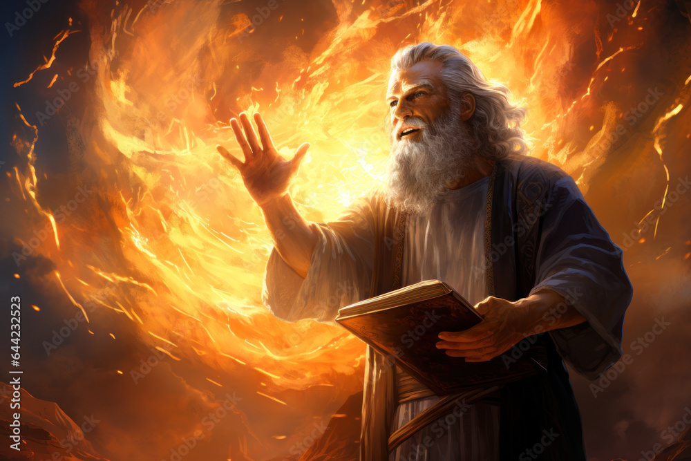 Gods appearance to Moses at the burning bush in the desert on Mount ...