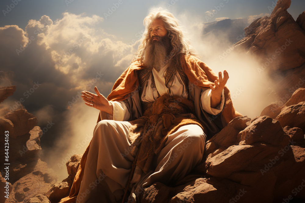 Moses receiving the ten commandments at Mount Sinai, religion and faith ...