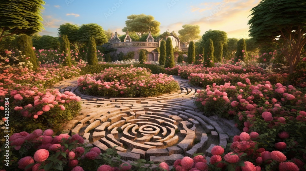 Foto de Design a high-resolution image of a garden labyrinth adorned ...
