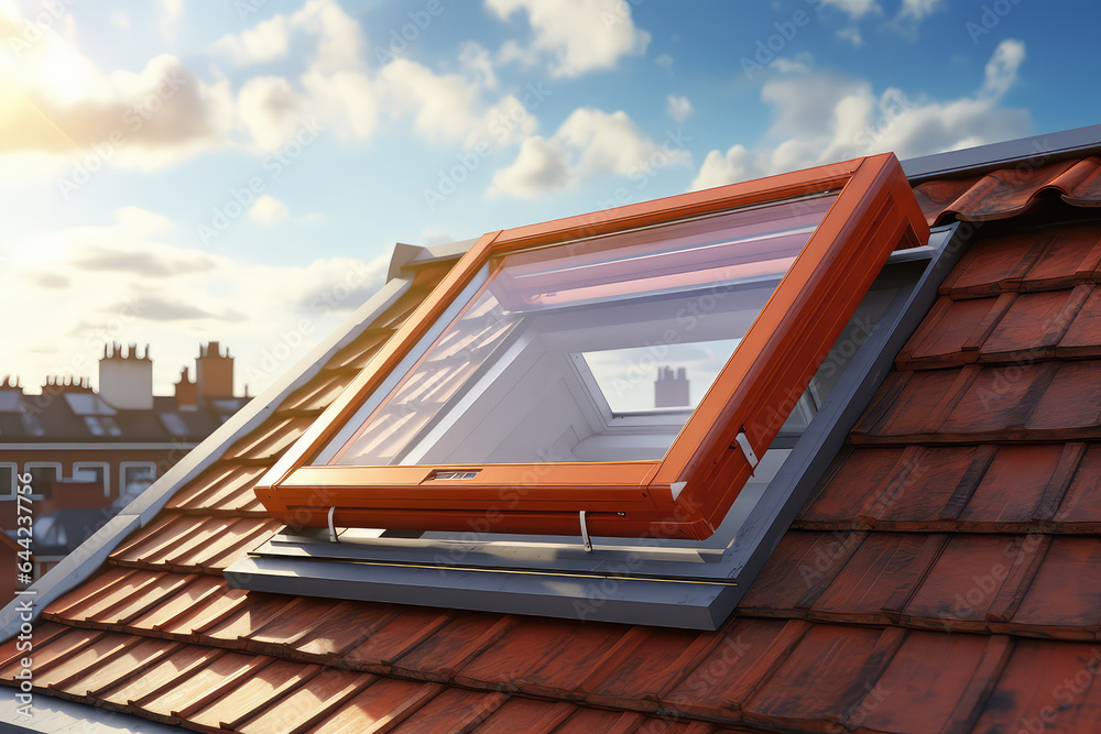 Open ventilation waterproof rooftop window exterior. Roof with red brick tiles. European city ...