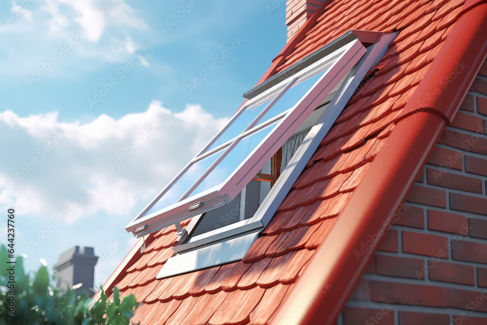 Open ventilation waterproof rooftop window exterior. Roof with red ...