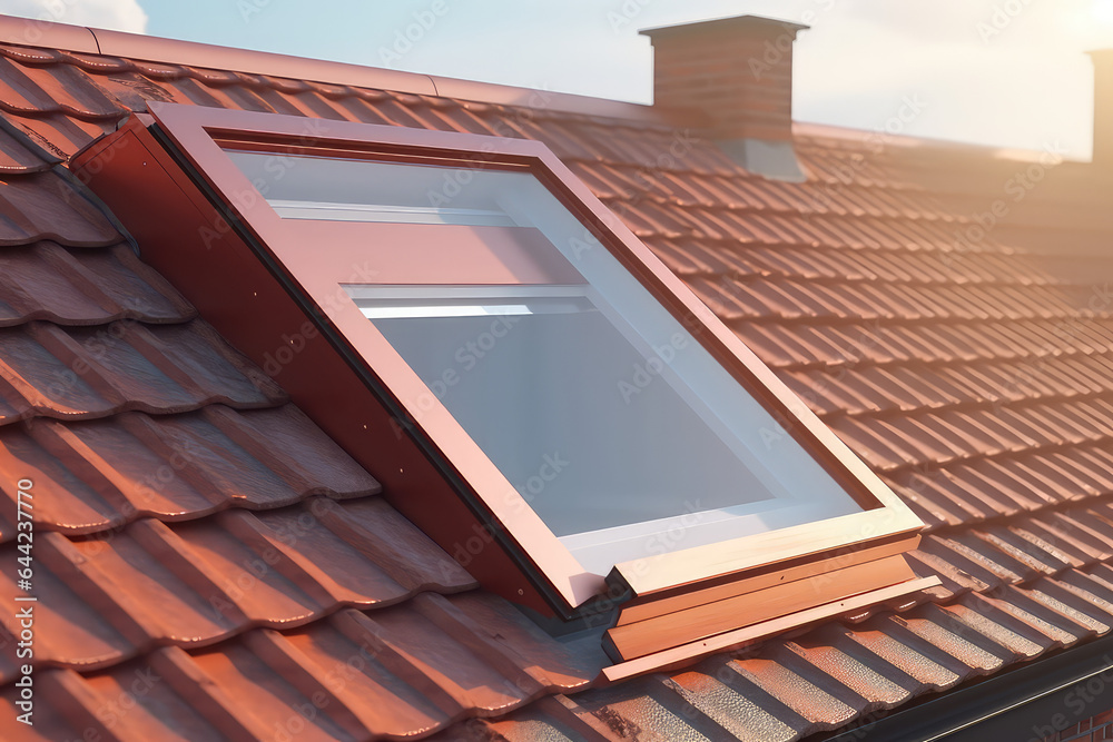 Open ventilation waterproof rooftop window exterior. Roof with red ...