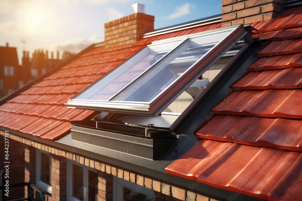 Open ventilation waterproof rooftop window exterior. Roof with red ...