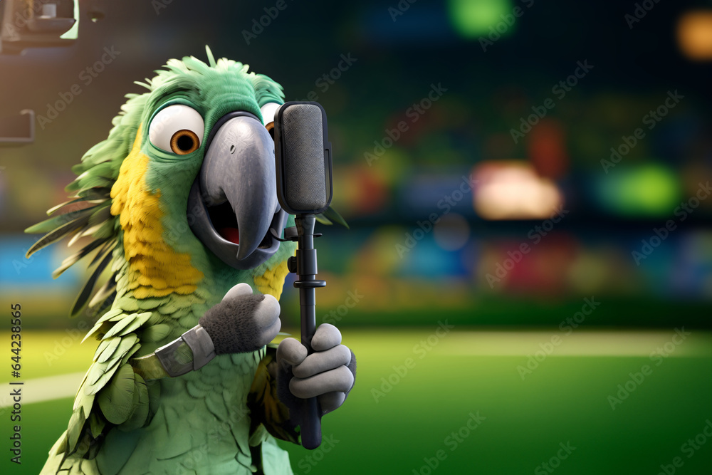 Cartoon parrot with microphone on a soccer stadium background. Parrot ...