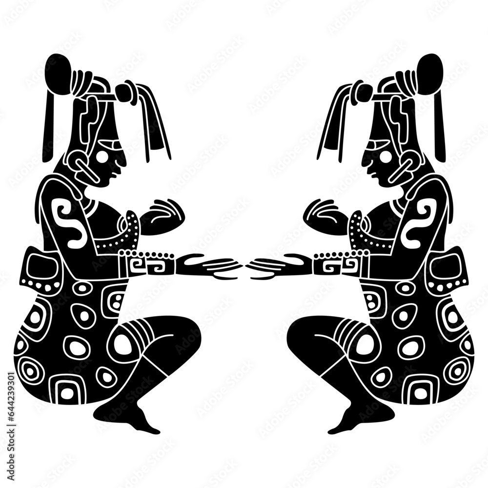 Symmetrical design with two seated indigenous Mayan men or women ...