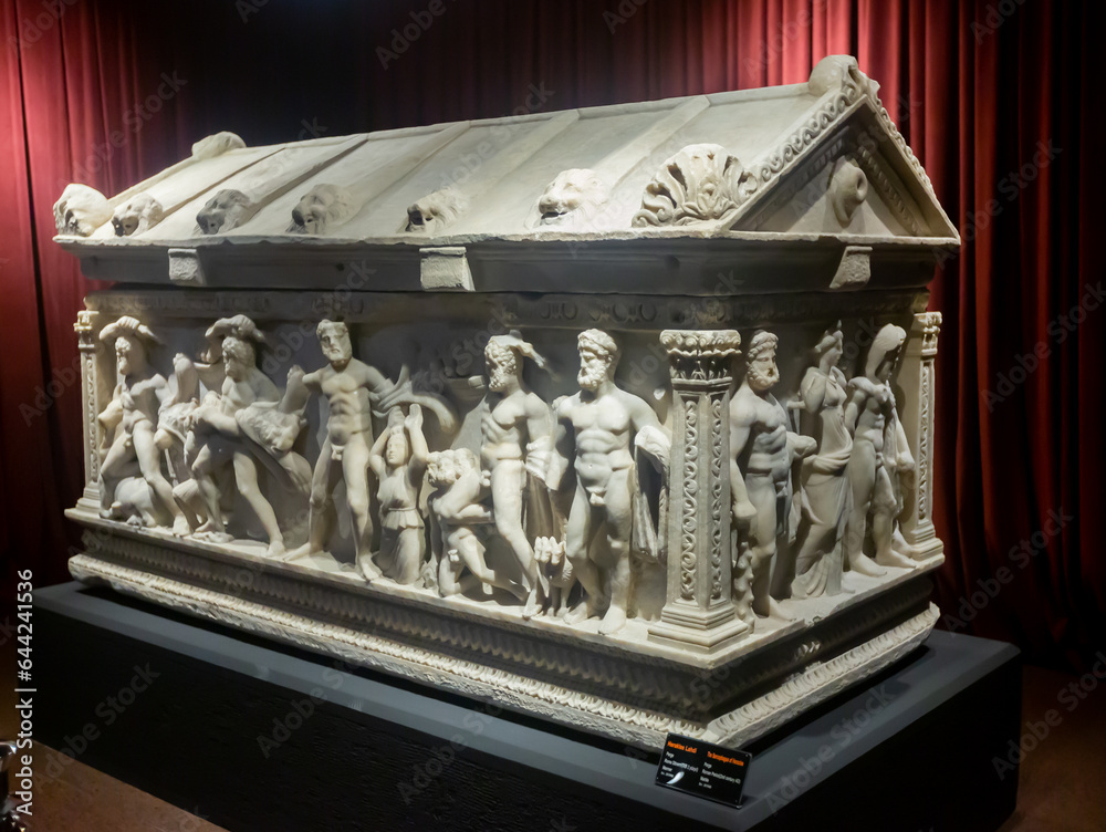 ANTALYA, TURKEY - MAY 05, 2022: Closeup of ancient marble Roman ...