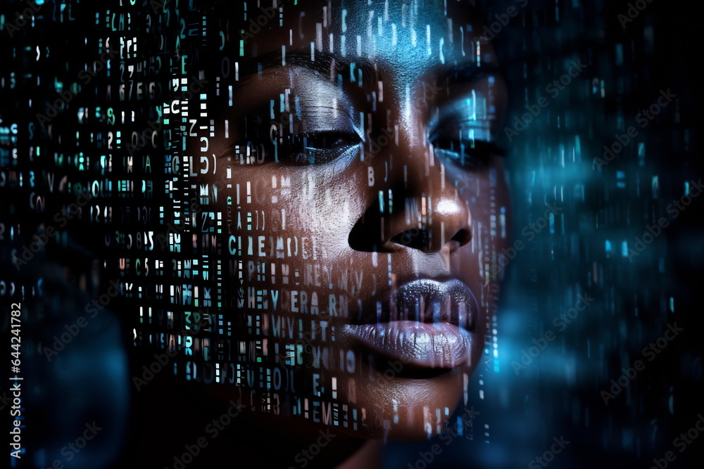 Black woman face with digital matrix numbers. Artificial intelligence ...