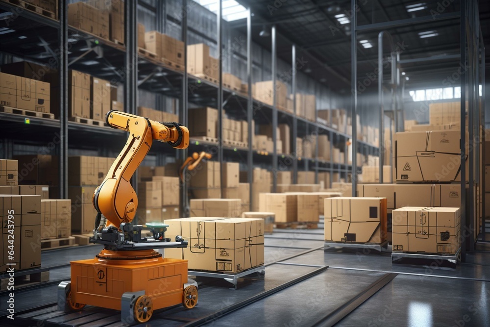 Autonomous robot arm stacks boxes and pallets in warehouse. Generative ...