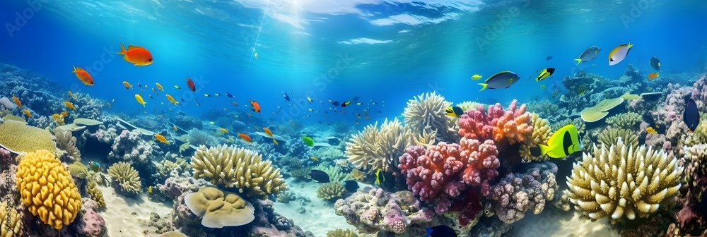 Tropical sea underwater fishes on coral reef. Aquarium oceanarium ...