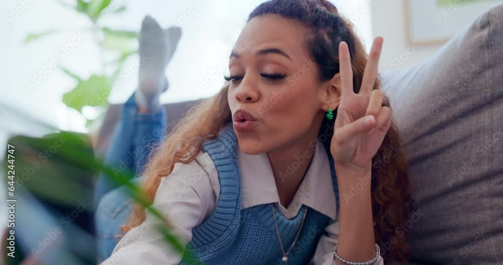 Peace sign, selfie and woman on sofa with smile for photo for social ...