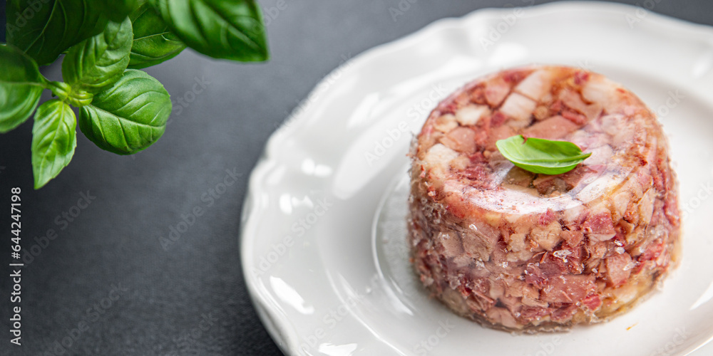meat brawn food Sülze piece of meat in jelly pork, beef meat ready to ...