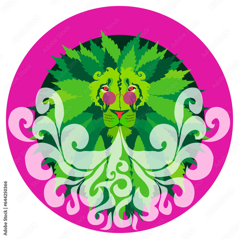Green lion badge with canabis mane and purple glasses, blowing smoke ...