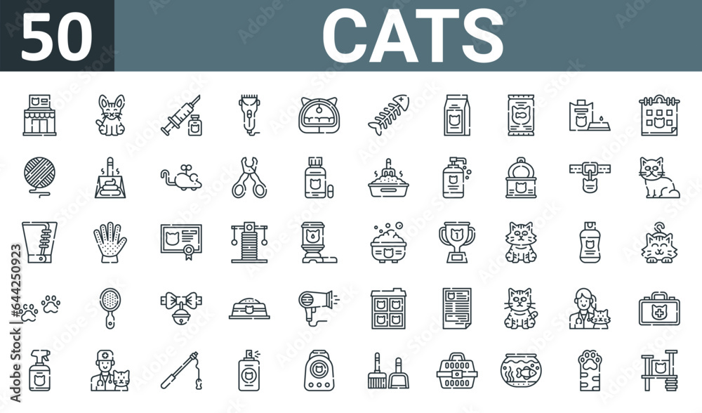set of 50 outline web cats icons such as pet shop, cat, vaccine ...