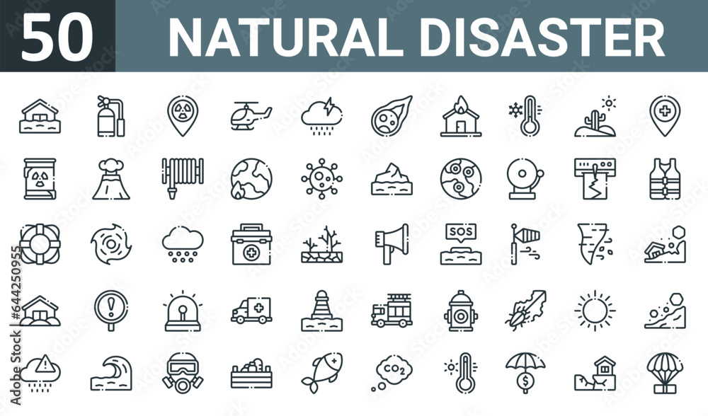 set of 50 outline web natural disaster icons such as flood, fire ...