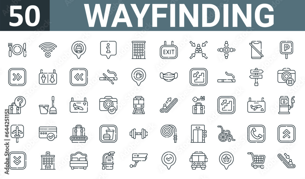 set of 50 outline web wayfinding icons such as cutlery, wifi, taxi ...