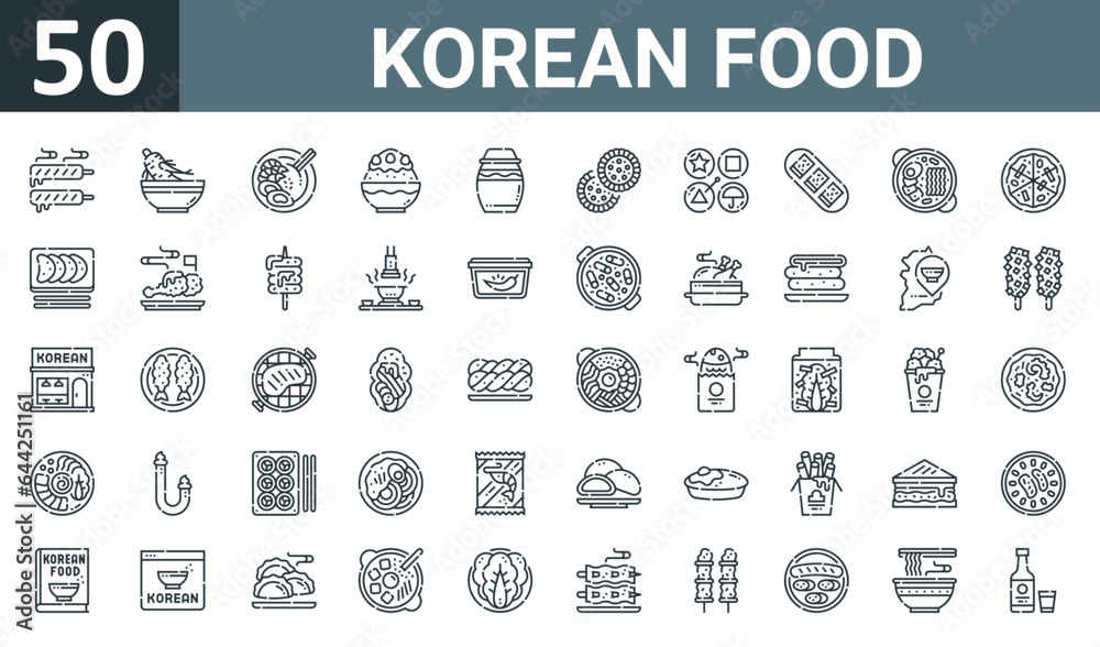 set of 50 outline web korean food icons such as grilled cheese, ginseng, jjamppong, bingsu ...