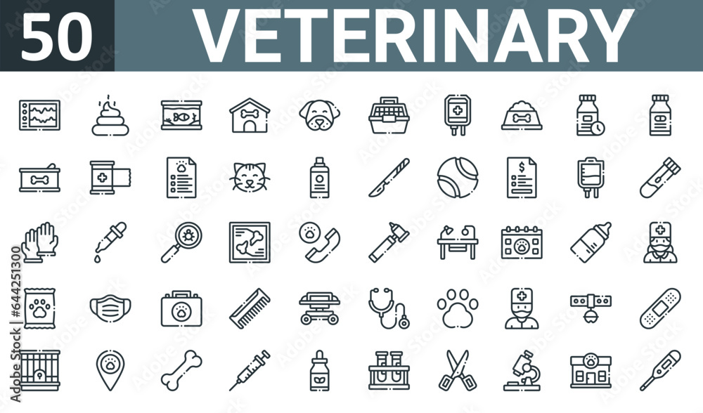 set of 50 outline web veterinary icons such as pulse, poop, fish tank ...