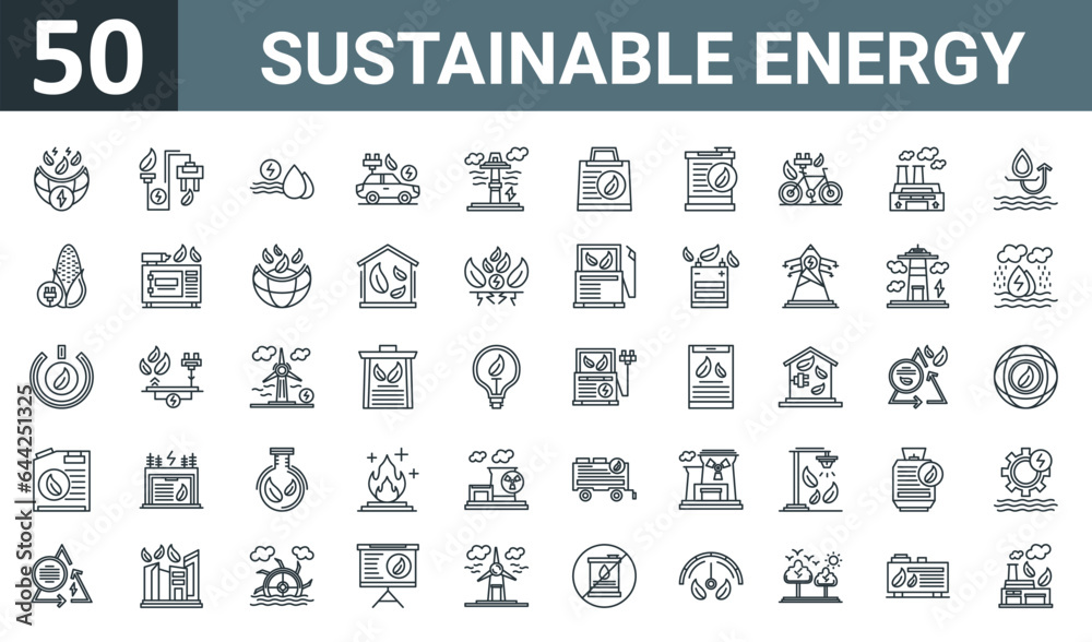 set of 50 outline web sustainable energy icons such as sustainable ...