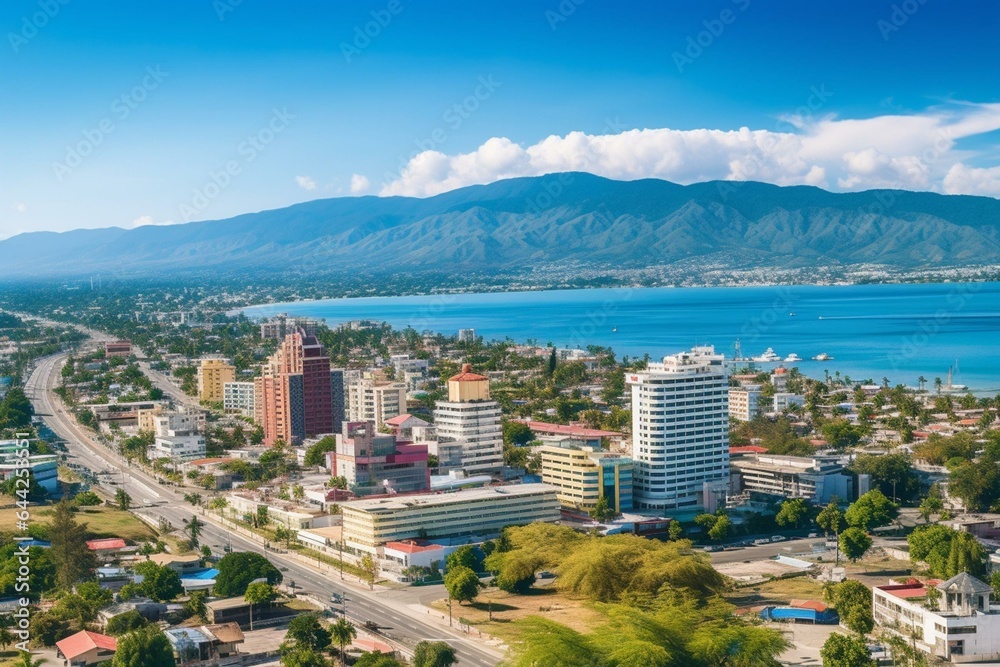 Bird's-eye view of Kingston City, Jamaica with urban landscape ...
