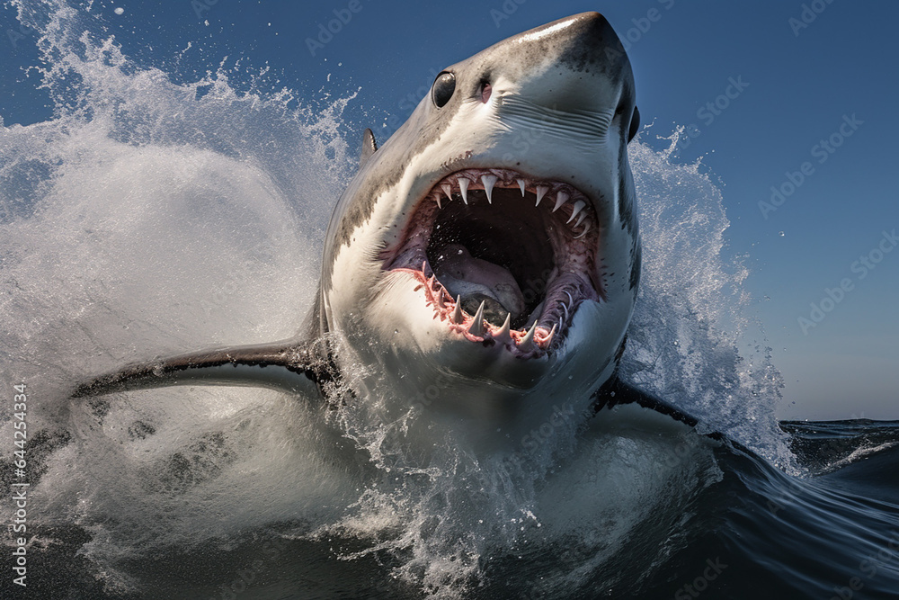 The shark, seen from the front, with its mouth open and sharp teeth ...