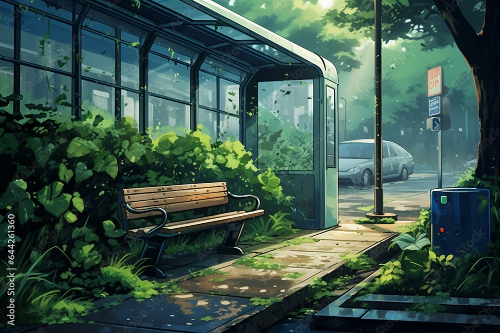 A rainy bus stop surrounded by green vegetation in summer, depicted in ...