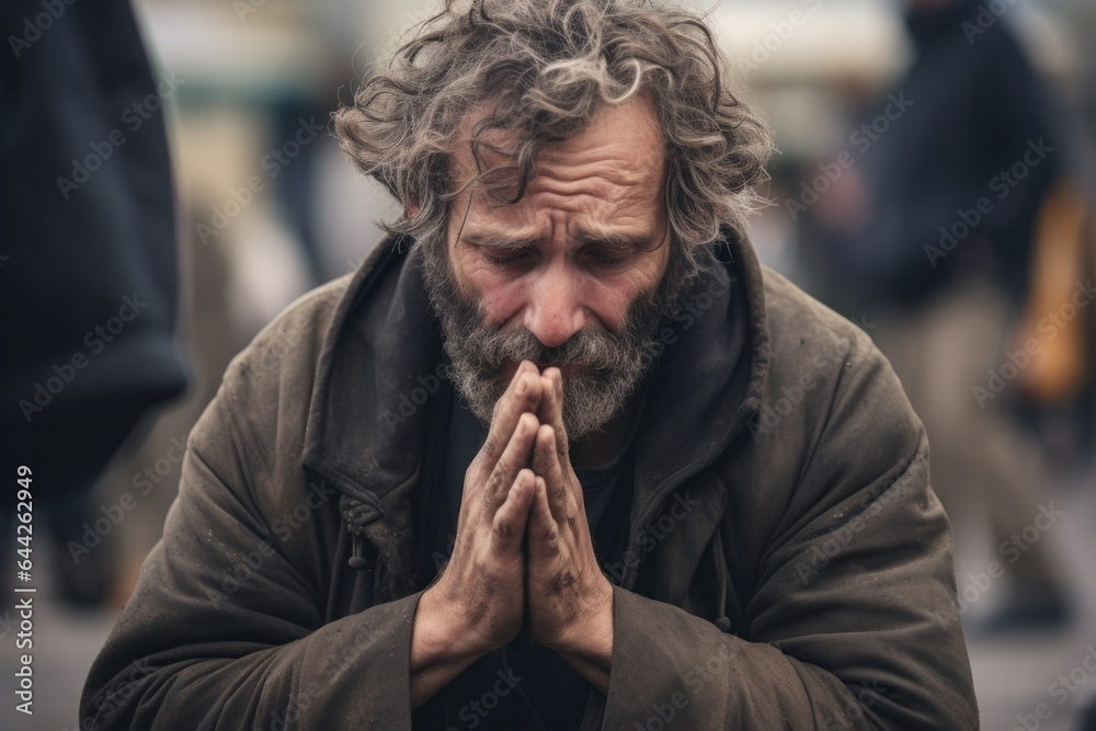 Intimate portrayal of a standing male aged 30 praying in the street ...