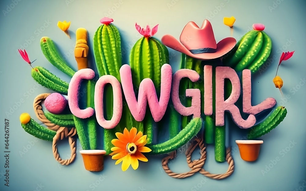 Cute pink cowgirl typography with Wild West elements around. Generative AI Stock Illustration ...