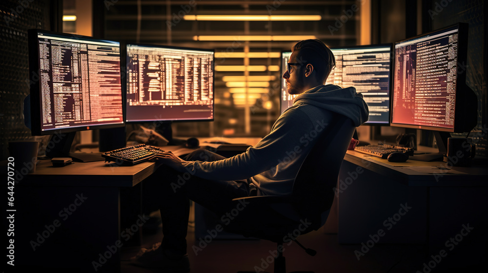 Programmer sitting in front of two large computer monitors with lines ...