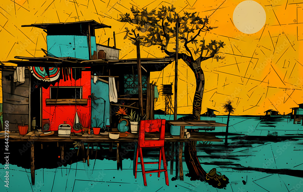 A canal side shanty house in native, traditional African artistic style ...