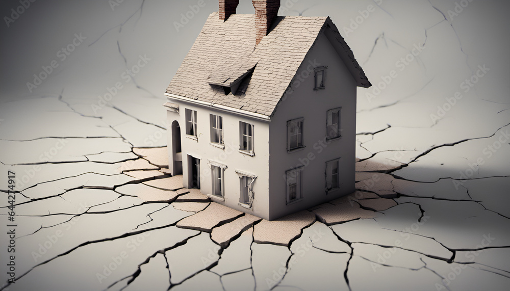 Cracks in the foundation of a home, housing market crash imagery. A ...