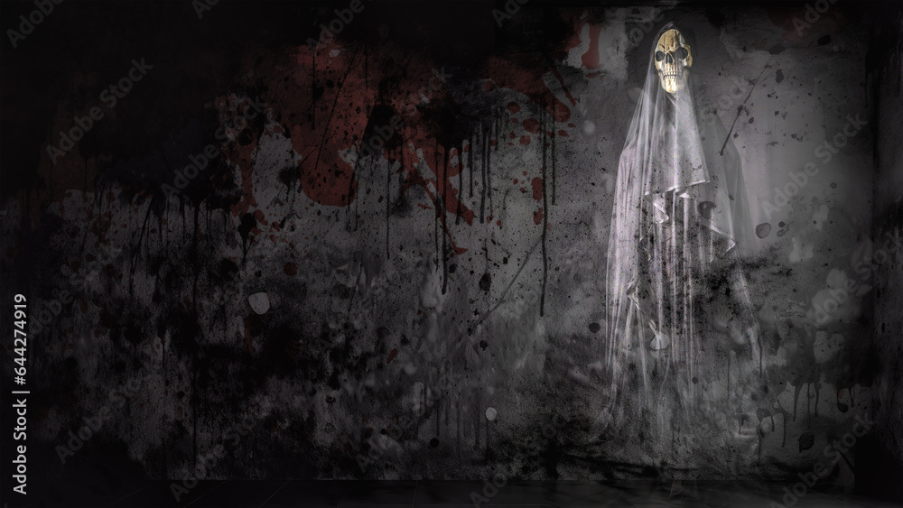 Halloween concept of spooky devil spirit shadow with skull face on the ...