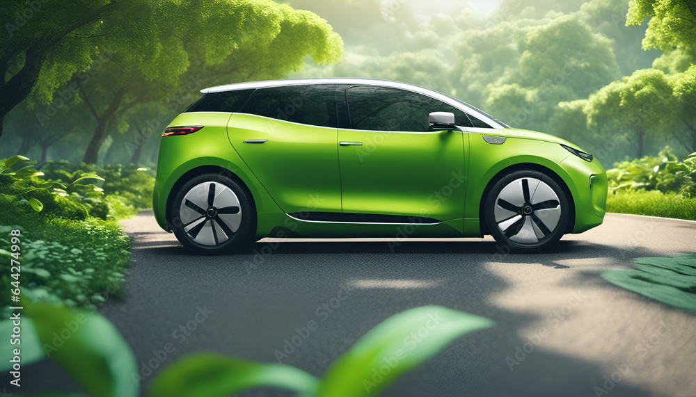 Eco-friendly electric car in a lush green environment, sustainable ...
